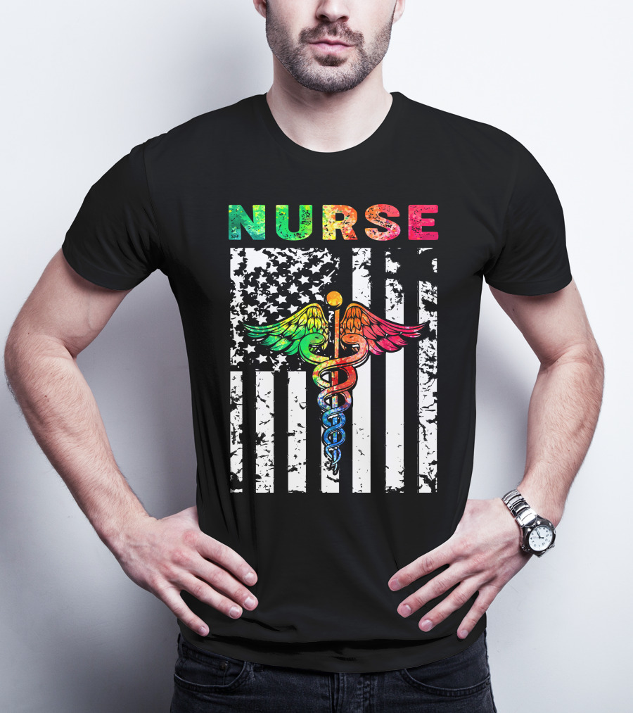 Nurse Usa Flag With Rainbow Caduceus Symbol T-Shirt