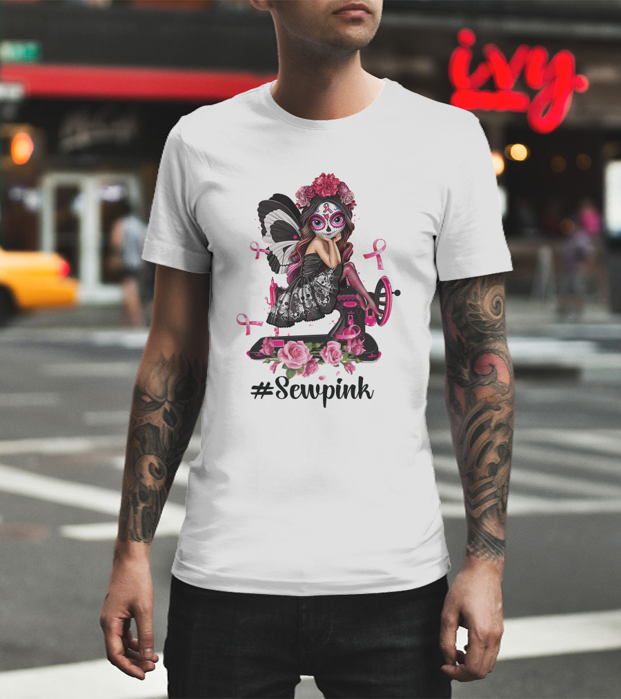 Sewpink Butterfly Sugar Skull Sewing Machine Ribbon Roses T-Shirt