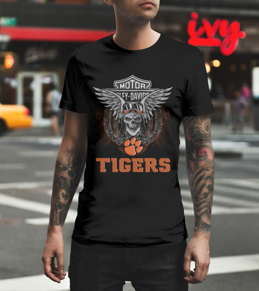 Harley Davidson Motor Clemson Tigers Wings Skull T-Shirt