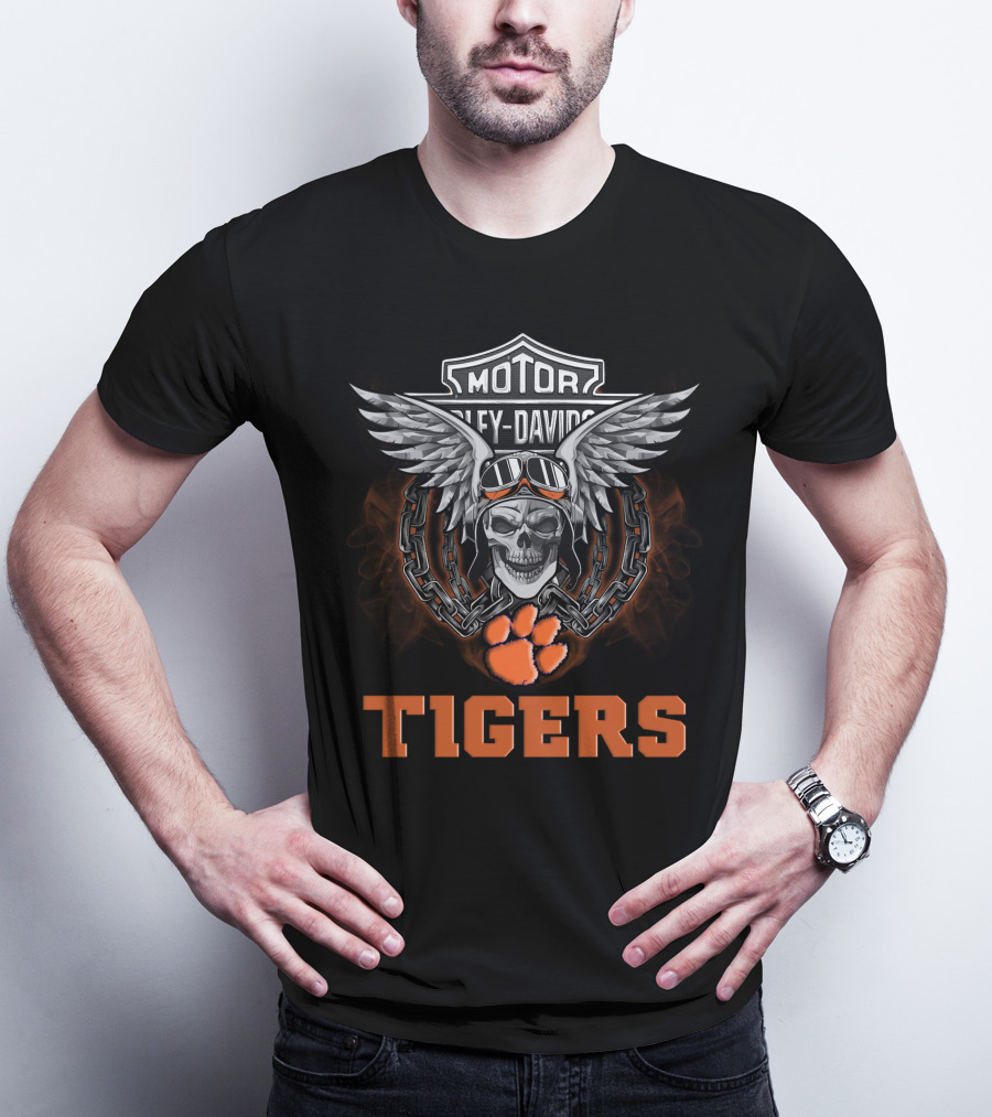 Harley Davidson Motor Clemson Tigers Wings Skull T-Shirt