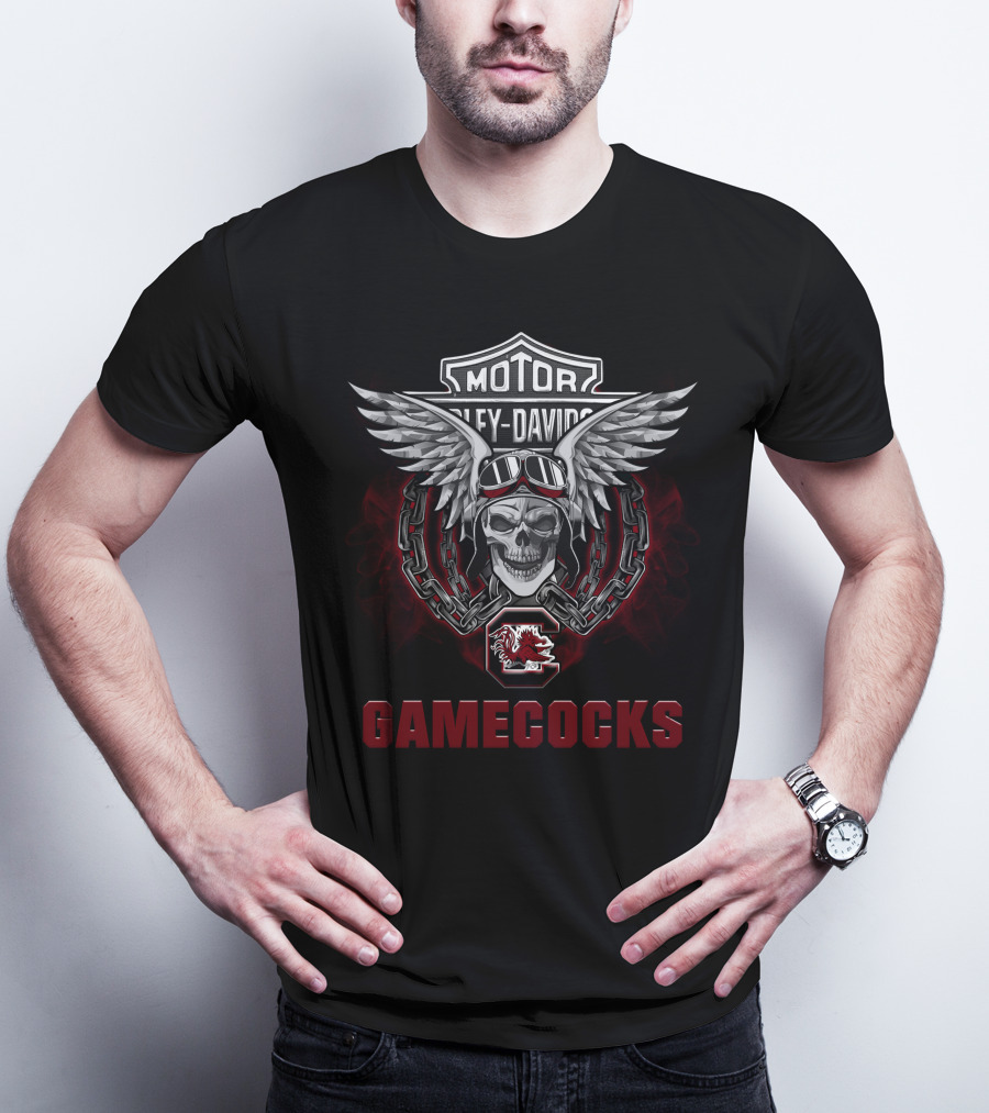 Harley Davidson South Carolina Gamecocks Skull Wings Chain T-Shirt