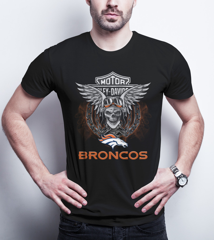 Harley Davidson Motorcycles Denver Broncos Nfl Skull Wings Chain T-Shirt