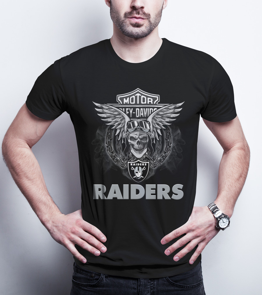 Harley Davidson Motor Skull Wings Biker Nfl Las Vegas Raiders T-Shirt