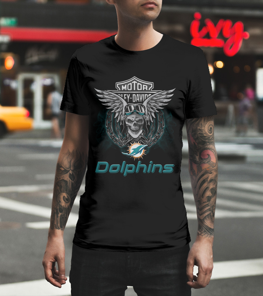 Harley Davidson Motor Biker Miami Dolphins Skull Wings T-Shirt