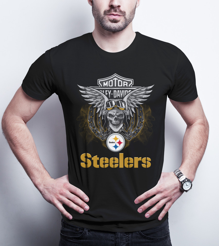 Harley Davidson Motorcycle Biker Skull Wings Steelers Nfl Pittsburgh Steelers T-Shirt