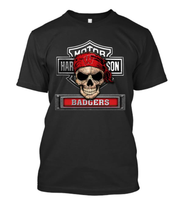 Harley Davidson Motorcycle Biker Skull Wisconsin Badgers T-Shirt