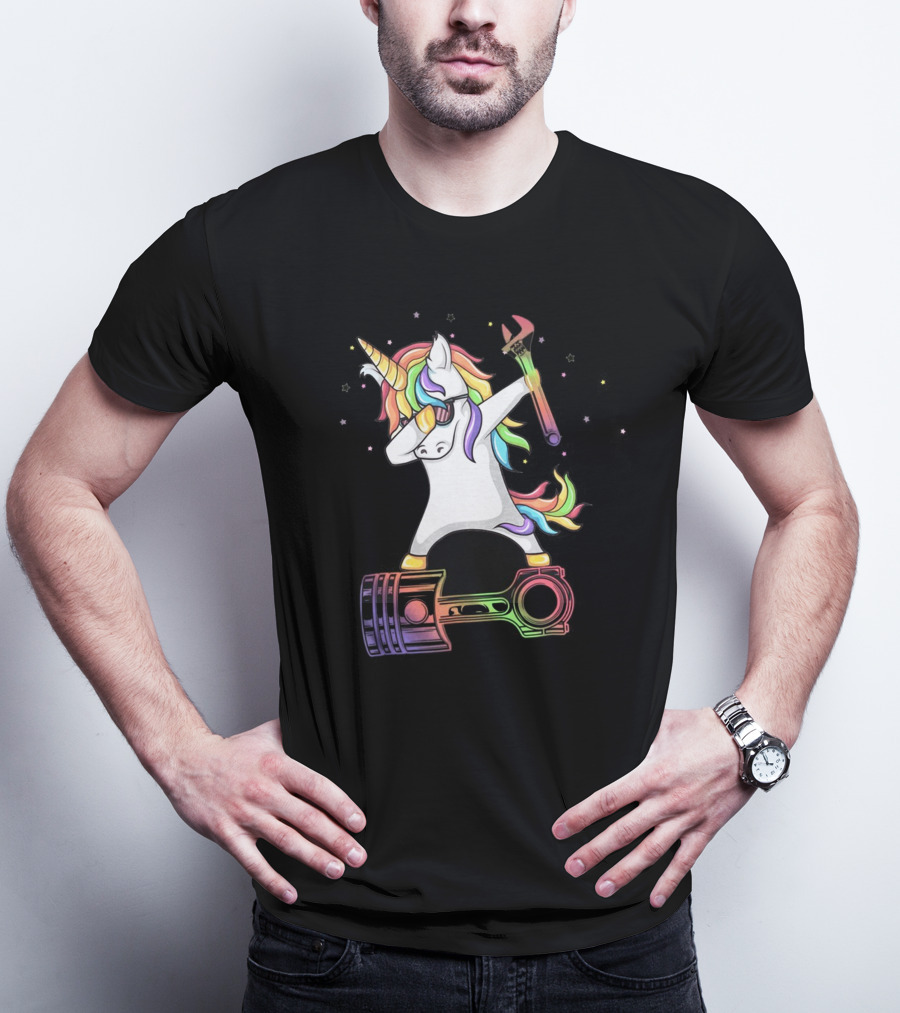Mechanic Dabbing Unicorn Rainbow Wrench Piston T-Shirt