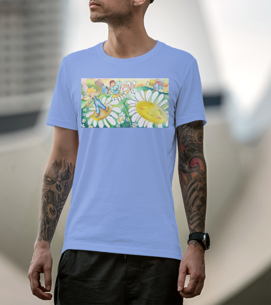 Lodo Happy Sunflower Meadows With Kids And Bunny In A Vibrant Landscape T-Shirt