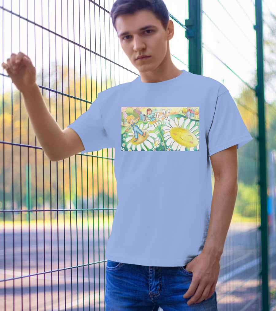 Lodo Happy Sunflower Meadows With Kids And Bunny In A Vibrant Landscape T-Shirt