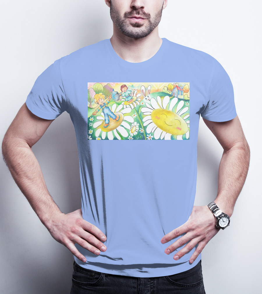 Lodo Happy Sunflower Meadows With Kids And Bunny In A Vibrant Landscape T-Shirt