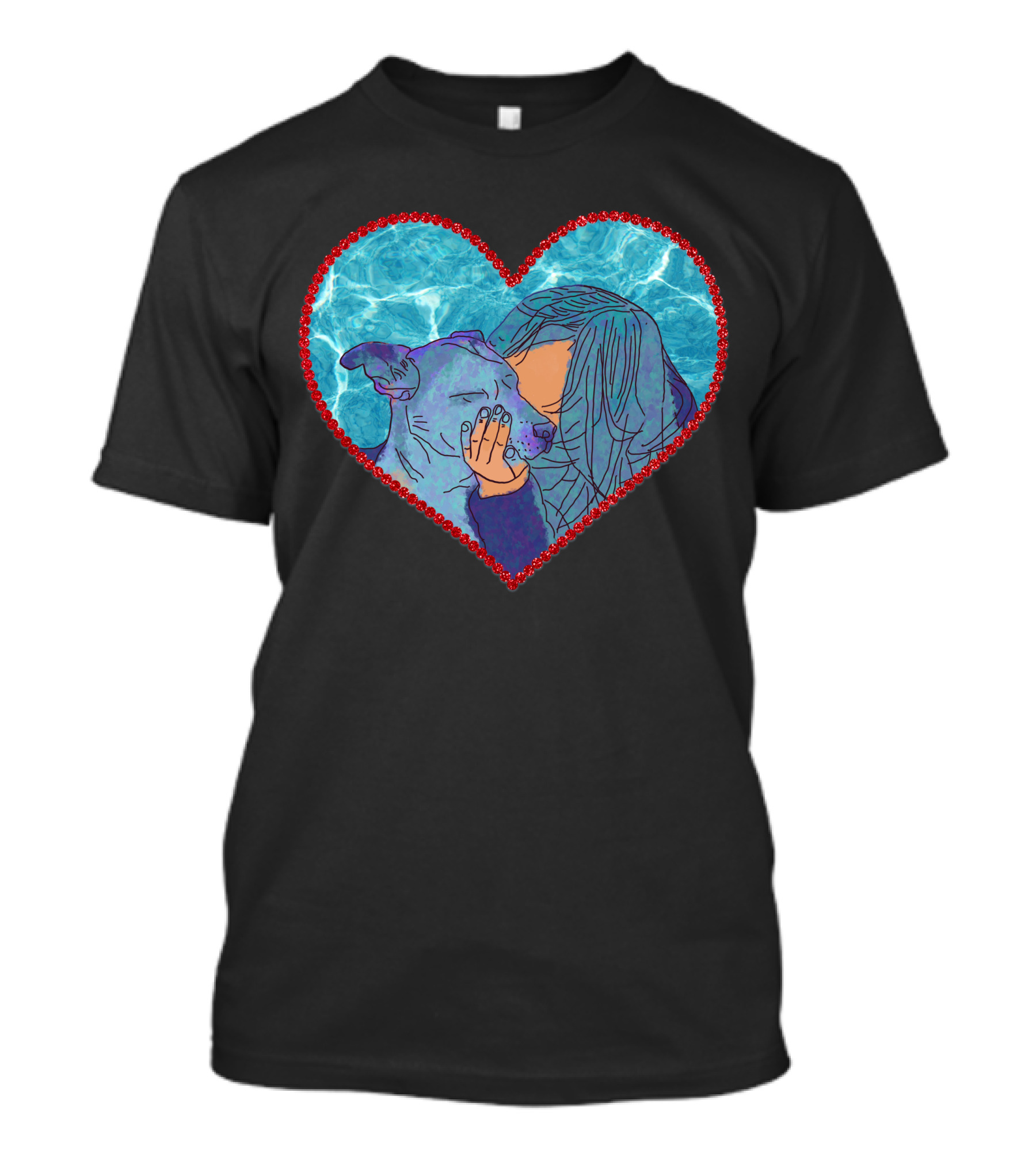 Adopt Don't Shop Heart Embrace Of Woman And Dog In Blue And Red Heart T-Shirt