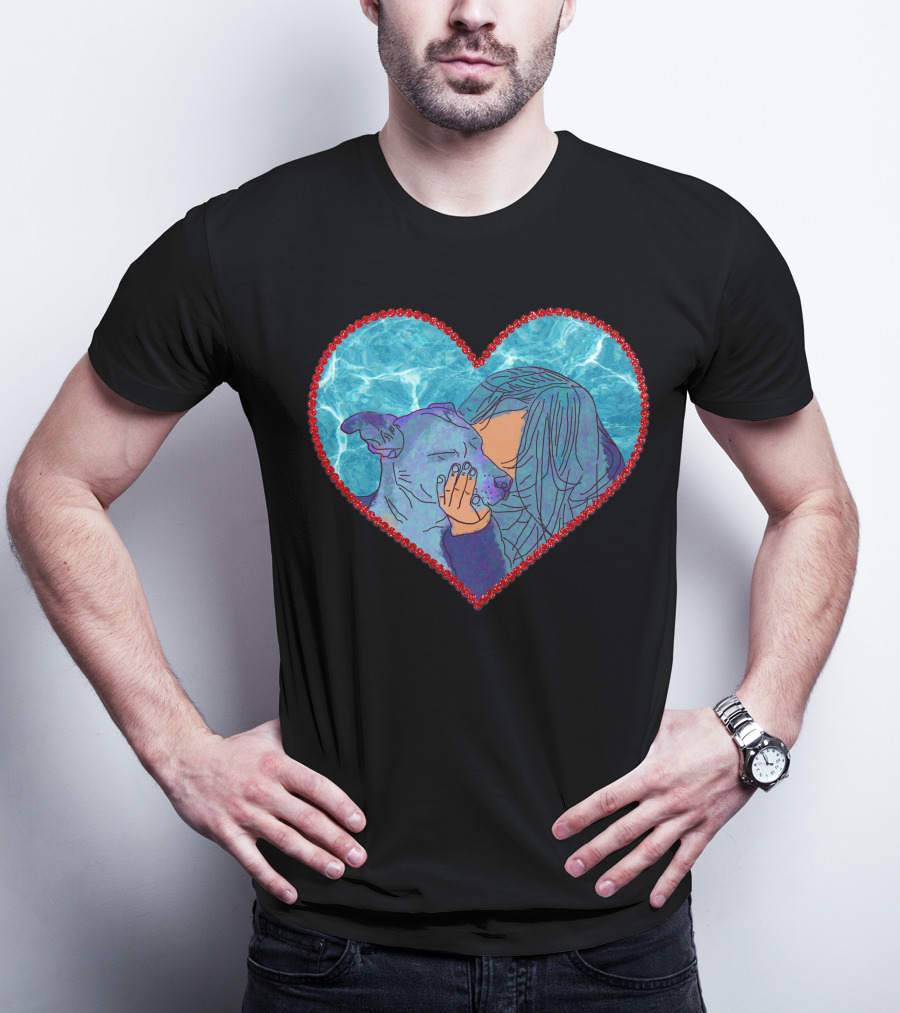 Adopt Don't Shop Heart Embrace Of Woman And Dog In Blue And Red Heart T-Shirt