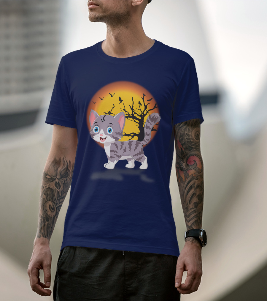Cute Kittens Halloween Night Moonlit Landscape T-Shirt
