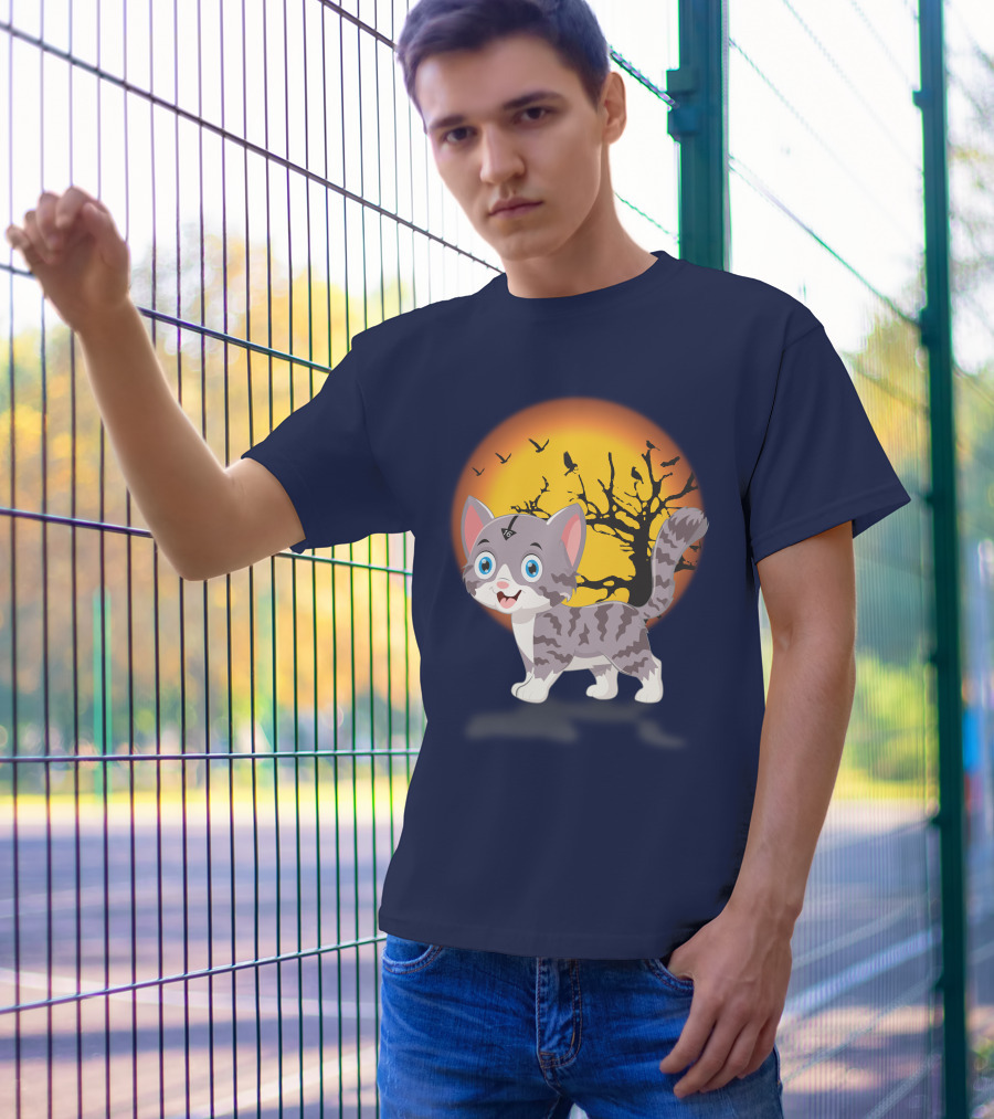 Cute Kittens Halloween Night Moonlit Landscape T-Shirt