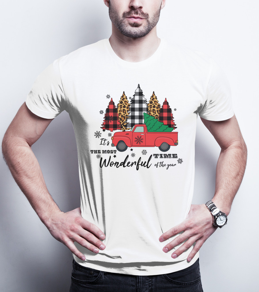 It's The Most Wonderful Time Of The Year Plaid And Leopard Pine Trees Red Truck T-Shirt