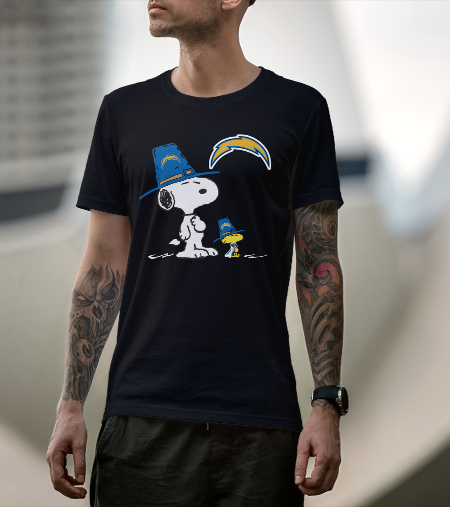 Snoopy And Woodstock In Chargers Hats With Lightning Bolt T-Shirt