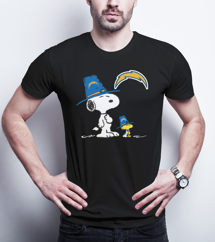Snoopy And Woodstock In Chargers Hats With Lightning Bolt T-Shirt