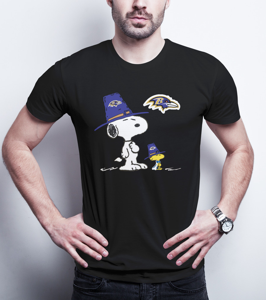 Ravens Snoopy And Woodstock Thanksgiving Pilgrim Hats Nfl Baltimore Ravens T-Shirt