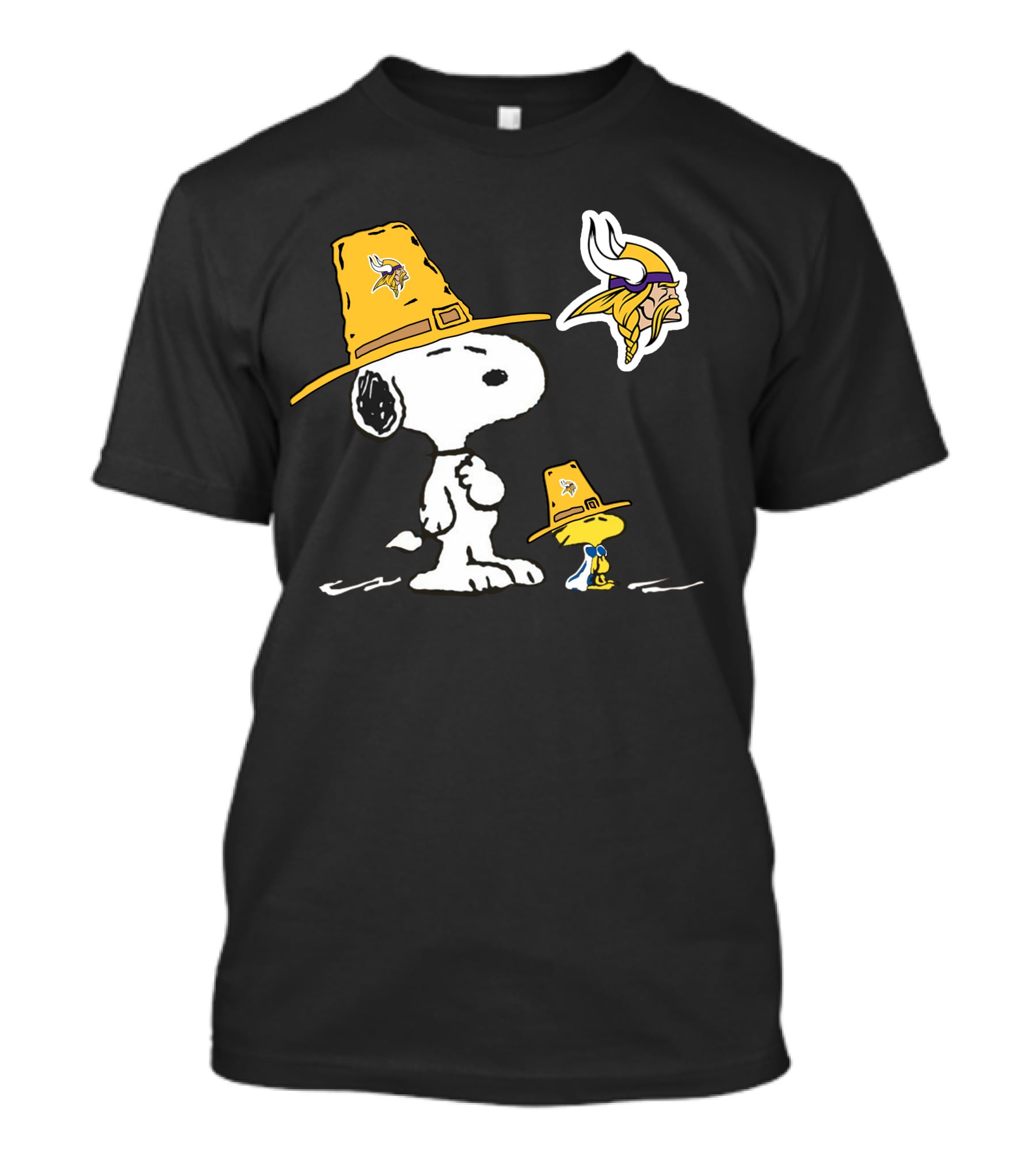 Vikings Snoopy And Woodstock Pilgrim Hats Nfl Mascot T-Shirt