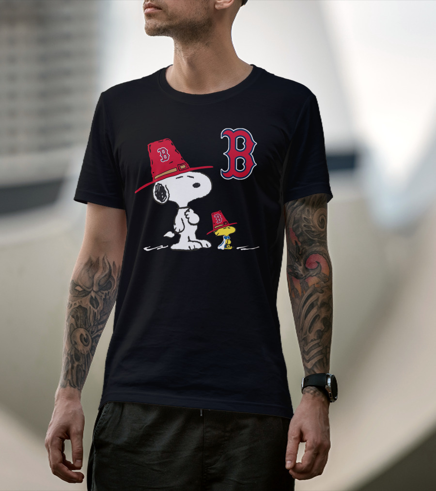 Boston Red Sox Snoopy Woodstock Wearing Team Hats T-Shirt