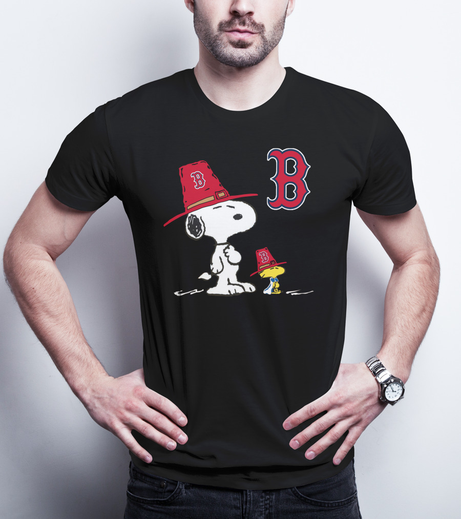 Boston Red Sox Snoopy Woodstock Wearing Team Hats T-Shirt