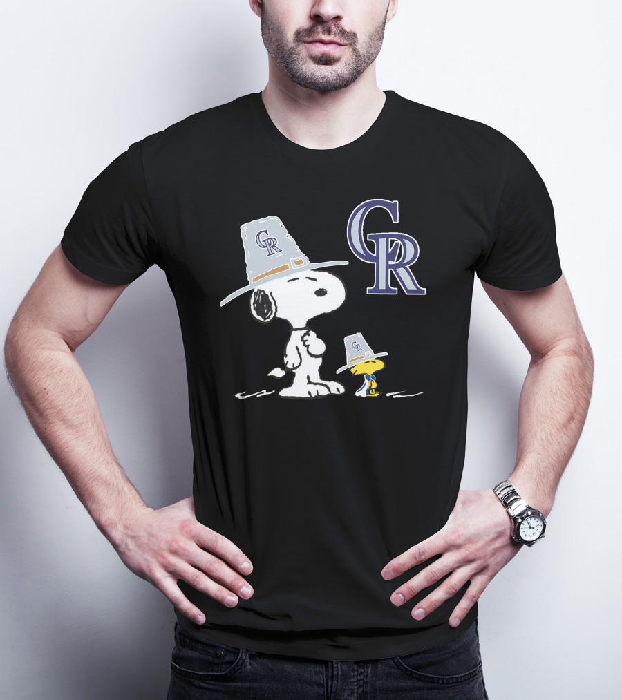 Colorado Rockies Snoopy Woodstock Thanksgiving Pilgrim Hats T-Shirt