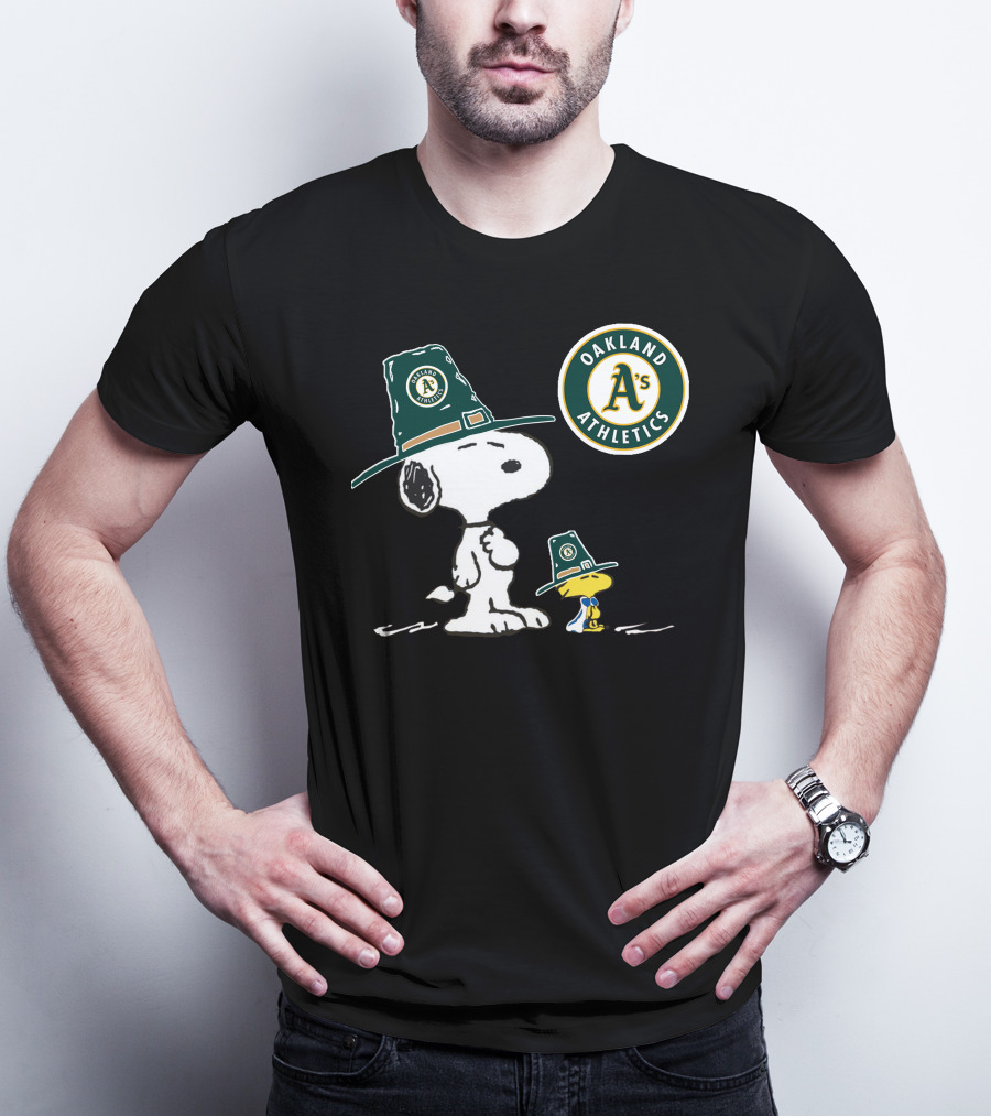 Oakland Athletics Snoopy And Woodstock Wearing Team Hats T-Shirt