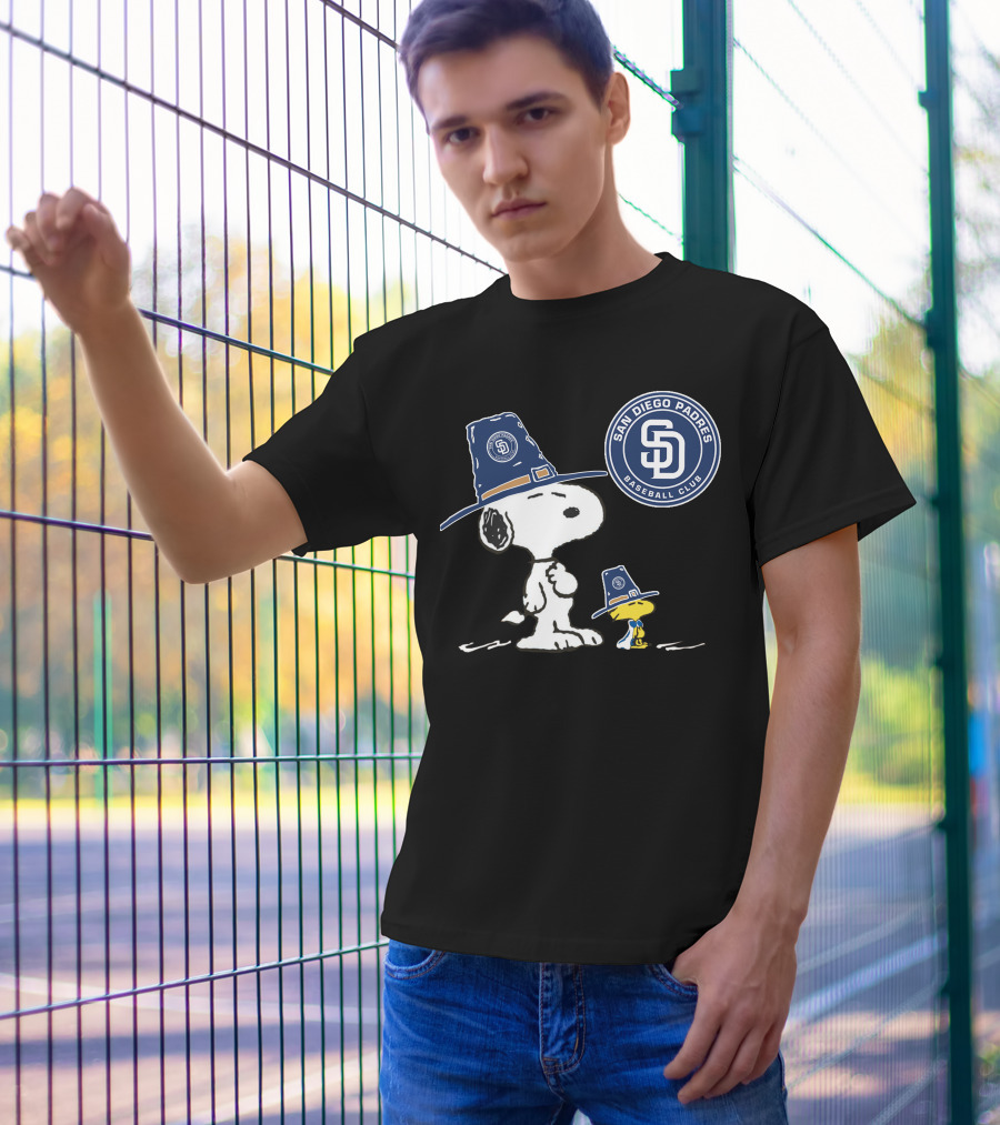 San Diego Padres Snoopy Woodstock Baseball Club Pilgrim Hat T-Shirt