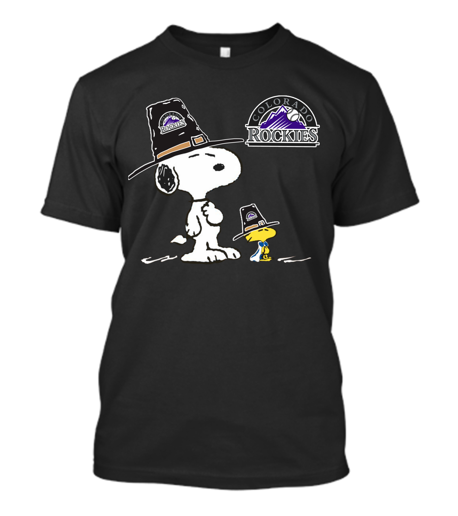 Colorado Rockies Snoopy Woodstock Pilgrim Hat T-Shirt