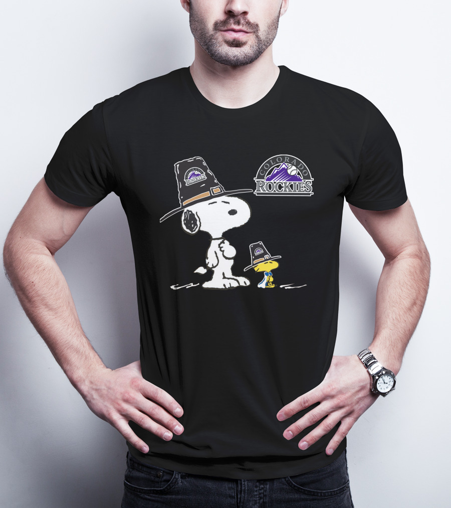 Colorado Rockies Snoopy Woodstock Pilgrim Hat T-Shirt