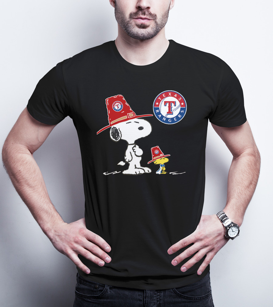 Texas Rangers Snoopy And Woodstock In Red Hats With Team T-Shirt
