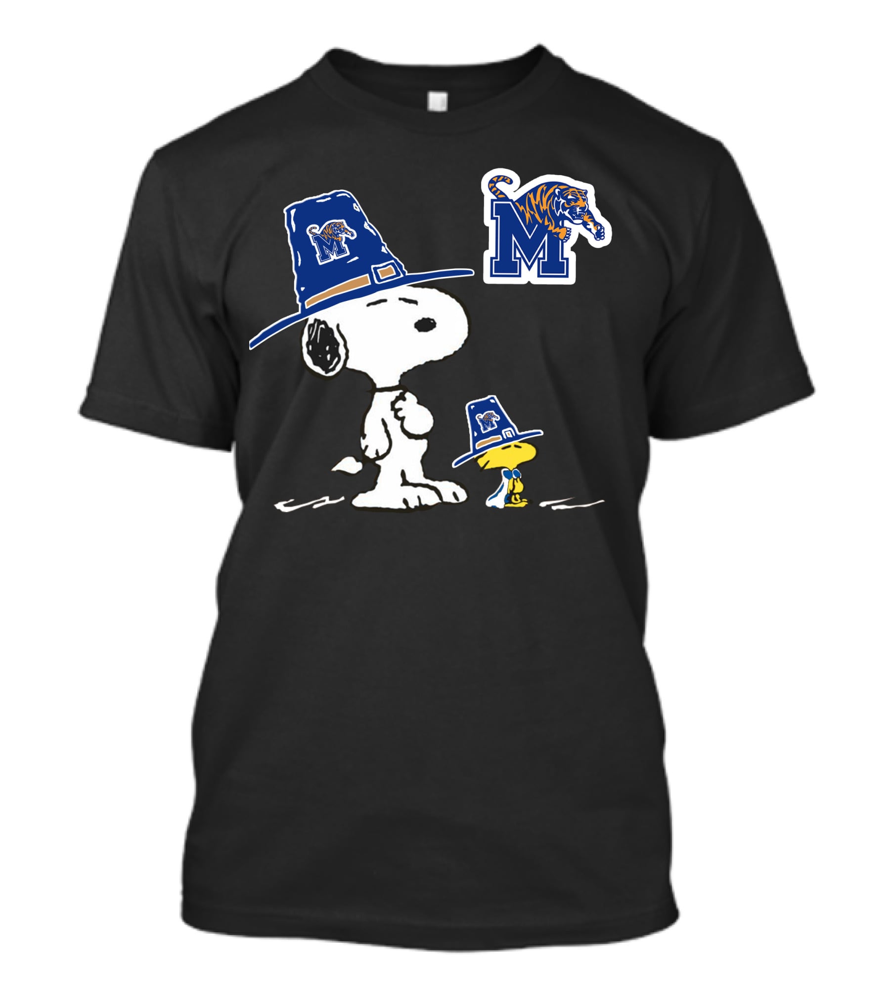 Snoopy And Woodstock Wearing Memphis Tigers Hats With M Logo And Striped Tiger T-Shirt
