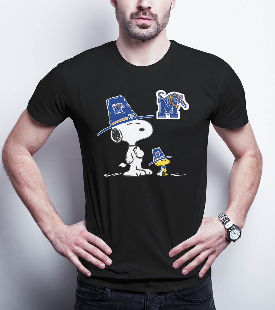 Snoopy And Woodstock Wearing Memphis Tigers Hats With M Logo And Striped Tiger T-Shirt