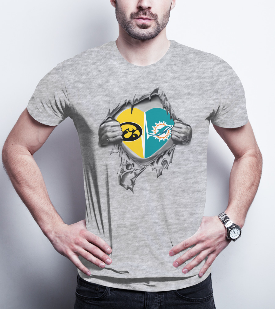 Iowa Hawkeyes Miami Dolphins Heart Logo Ripped T-Shirt