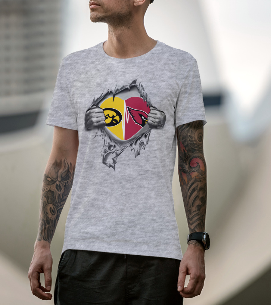 Iowa Hawkeyes Heartbeat With Cardinals Logo In Heart-Shaped Tear T-Shirt