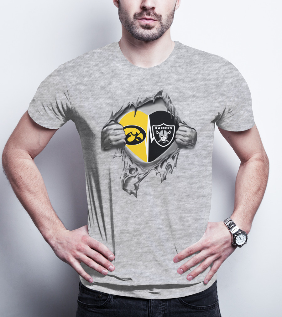 Iowa Hawkeyes Vs Raiders Heart Design With Iconic Logos In Ripped T-Shirt