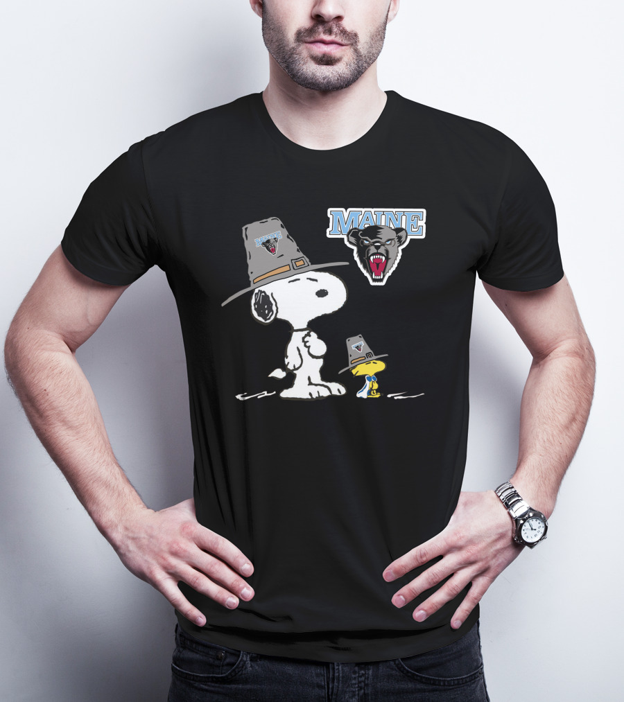 Maine Black Bears Snoopy Woodstock Pilgrim Hat T-Shirt
