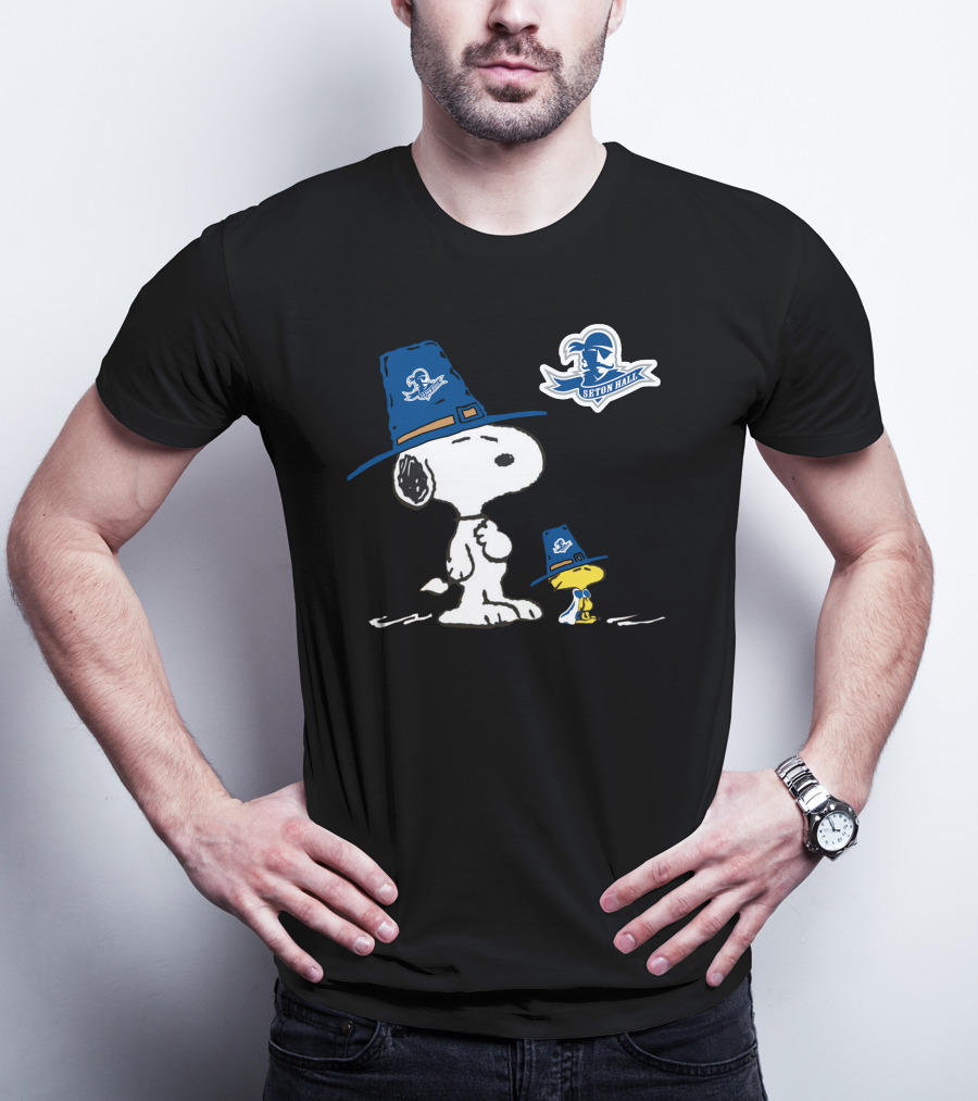 Seton Hall Snoopy And Woodstock In Seton Hall Pirate Hats T-Shirt
