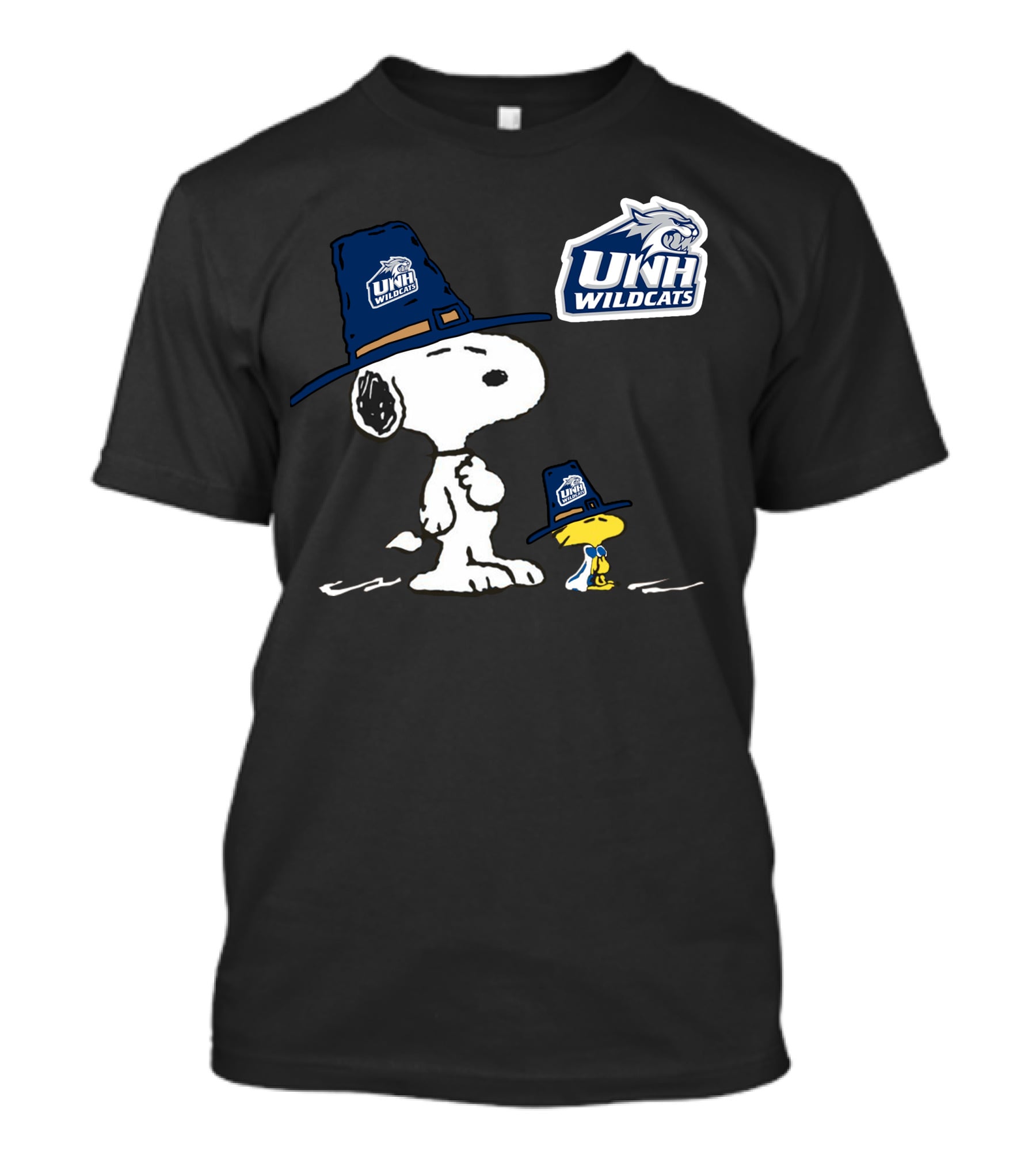 UNH Wildcats Snoopy And Woodstock Pilgrim Hat T-Shirt