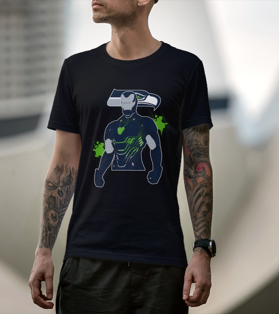Iron Man Seattle Seahawks Fusion Football Hero Iconic Crossover T-Shirt