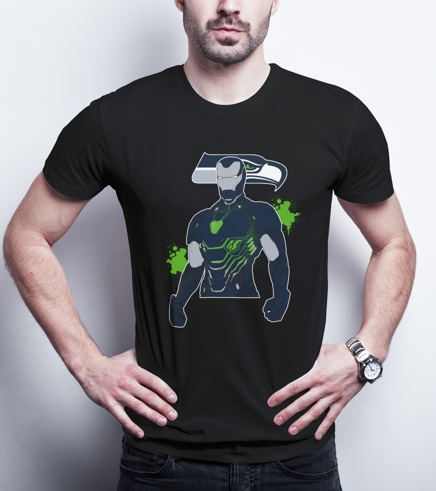 Iron Man Seattle Seahawks Fusion Football Hero Iconic Crossover T-Shirt