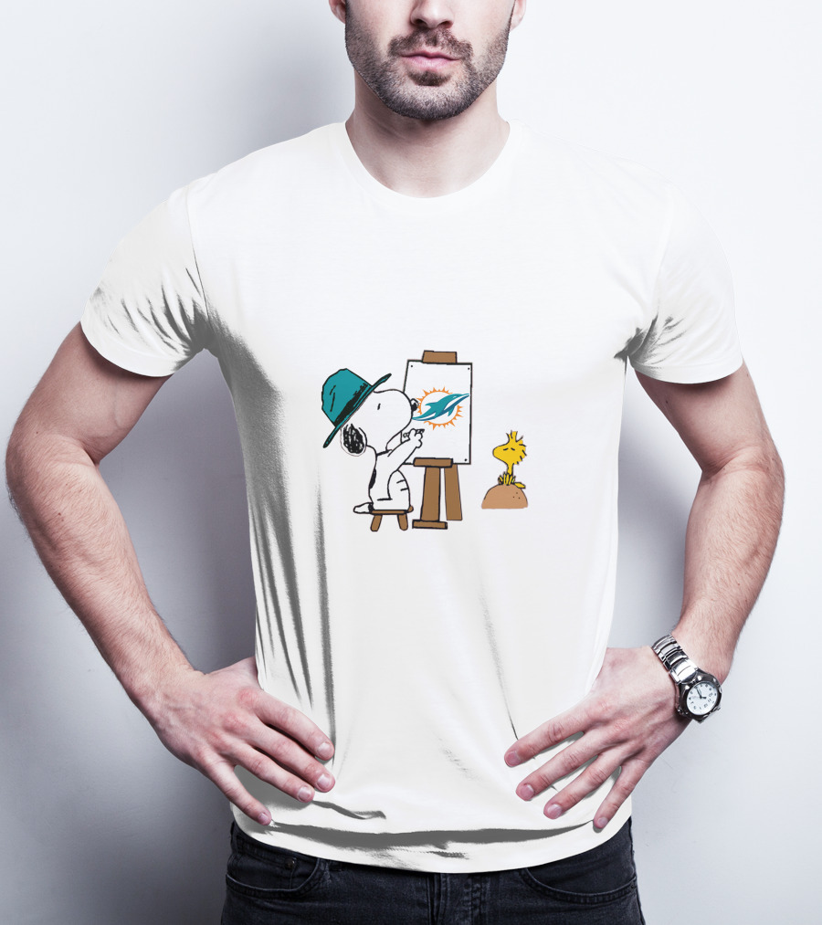 Snoopy Painting Miami Dolphins Logo With Woodstock T-Shirt