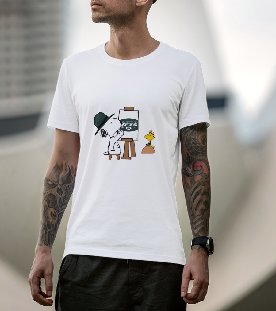 Painter Snoopy With Jets Logo And Woodstock T-Shirt