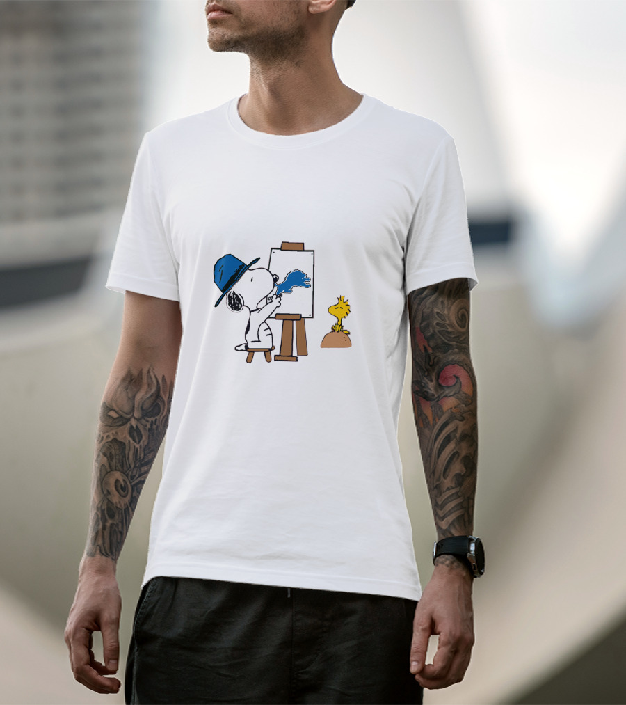 Snoopy Painting With Blue Brushstroke And Woodstock T-Shirt