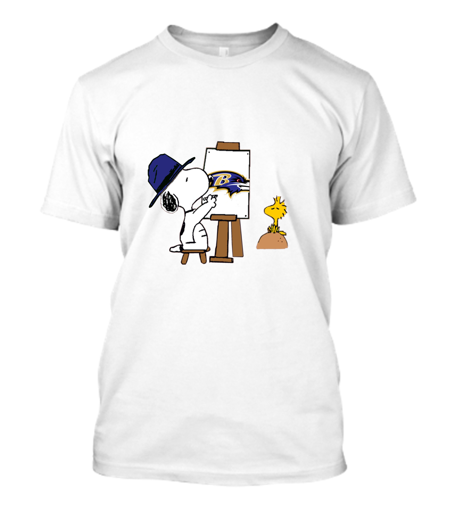 Snoopy Painting Baltimore Ravens Logo With Woodstock T-Shirt