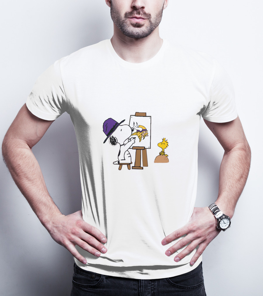 Snoopy Painting Minnesota Vikings Logo With Woodstock T-Shirt