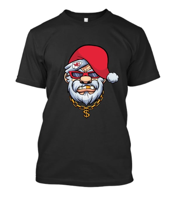 Chiefs Gangster Santa With Chain And Red Hat Sporting Sunglasses And Kansas City T-Shirt
