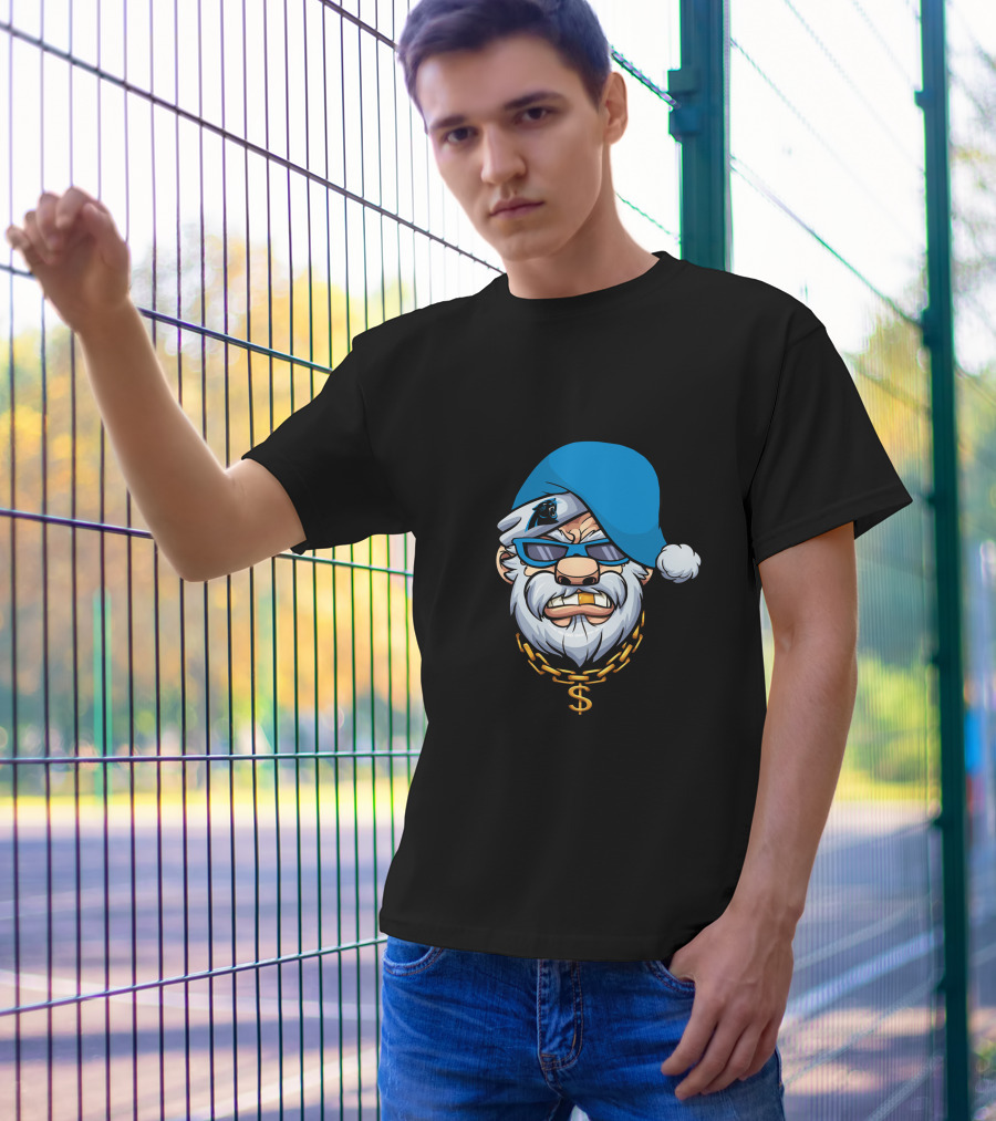Panthers Gangster Santa With Blue Hat And Gold Chain T-Shirt