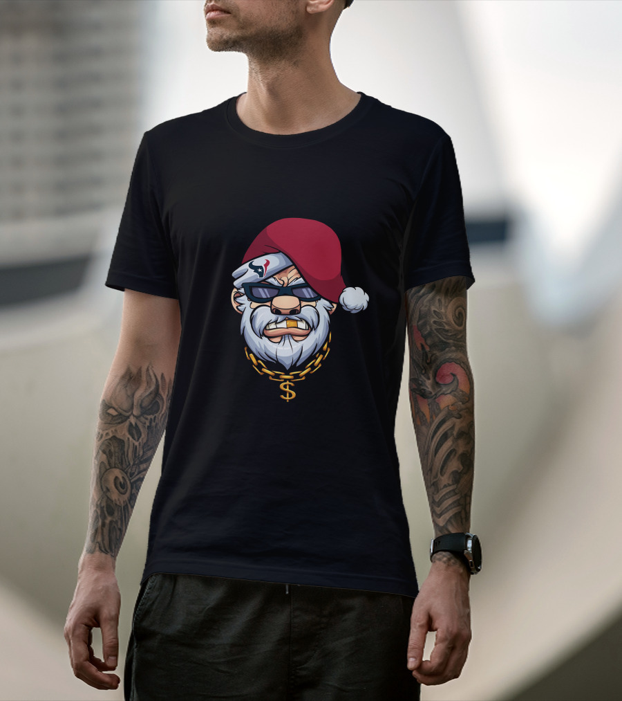 Texans Gangster Santa Wearing Sunglasses And Santa Hat With Dollar Sign Chain T-Shirt