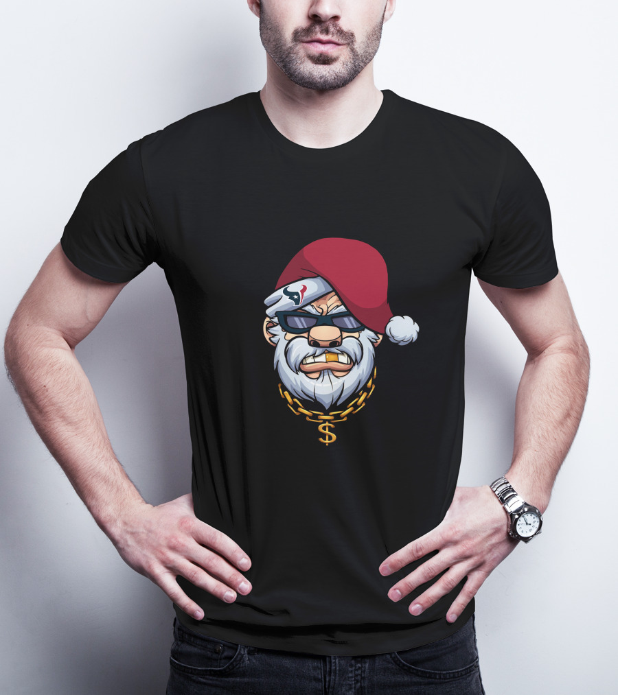 Texans Gangster Santa Wearing Sunglasses And Santa Hat With Dollar Sign Chain T-Shirt